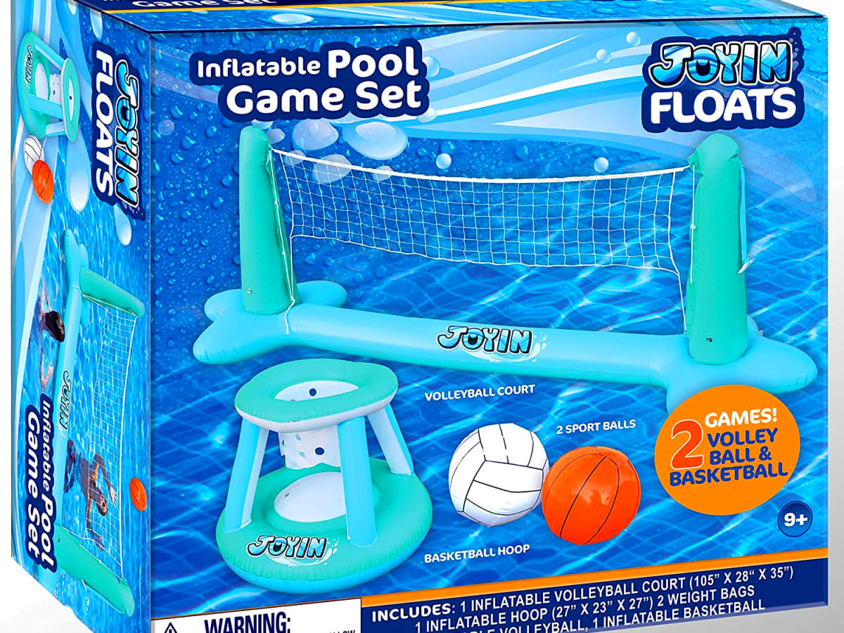 Inflatable Pool Float Set Volleyball Net & Basketball Hoops, Floating ...